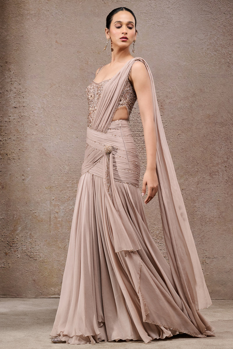 Golden Light Concept Saree With Embroidered Bodysuit